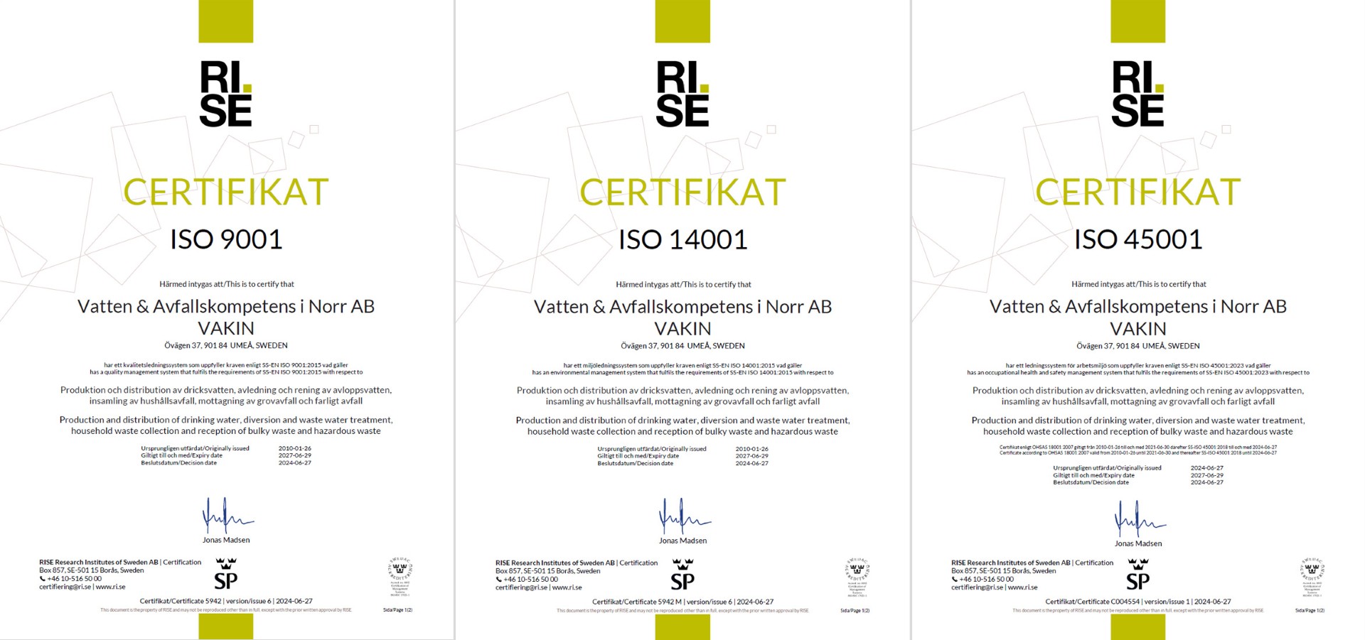 Våra certifieringar - Vakin